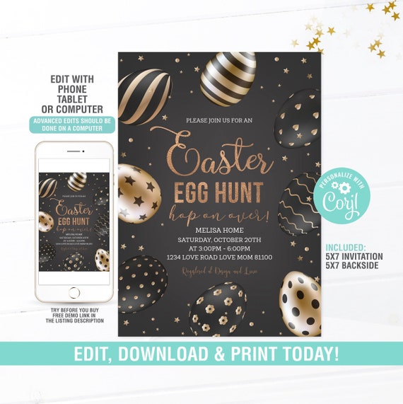 Easter egg Hunt Invitation EDITABLE, Hop On Over Easter Bunny Invite ...
