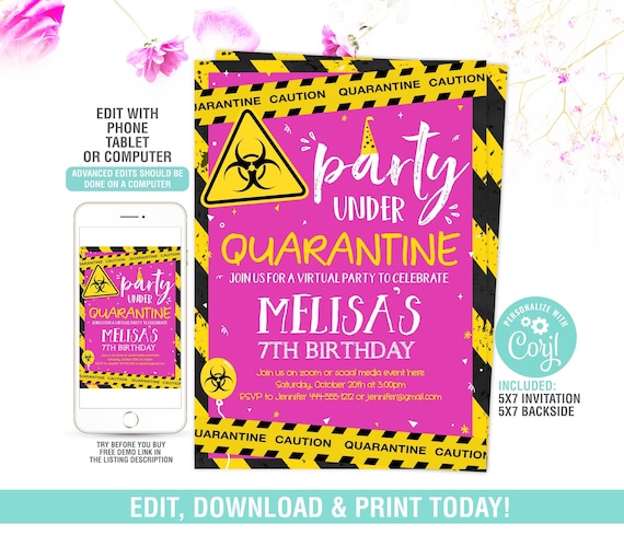 Editable Quarantine Birthday Invitation, Quarantine Invite,Zoom Virtual ...