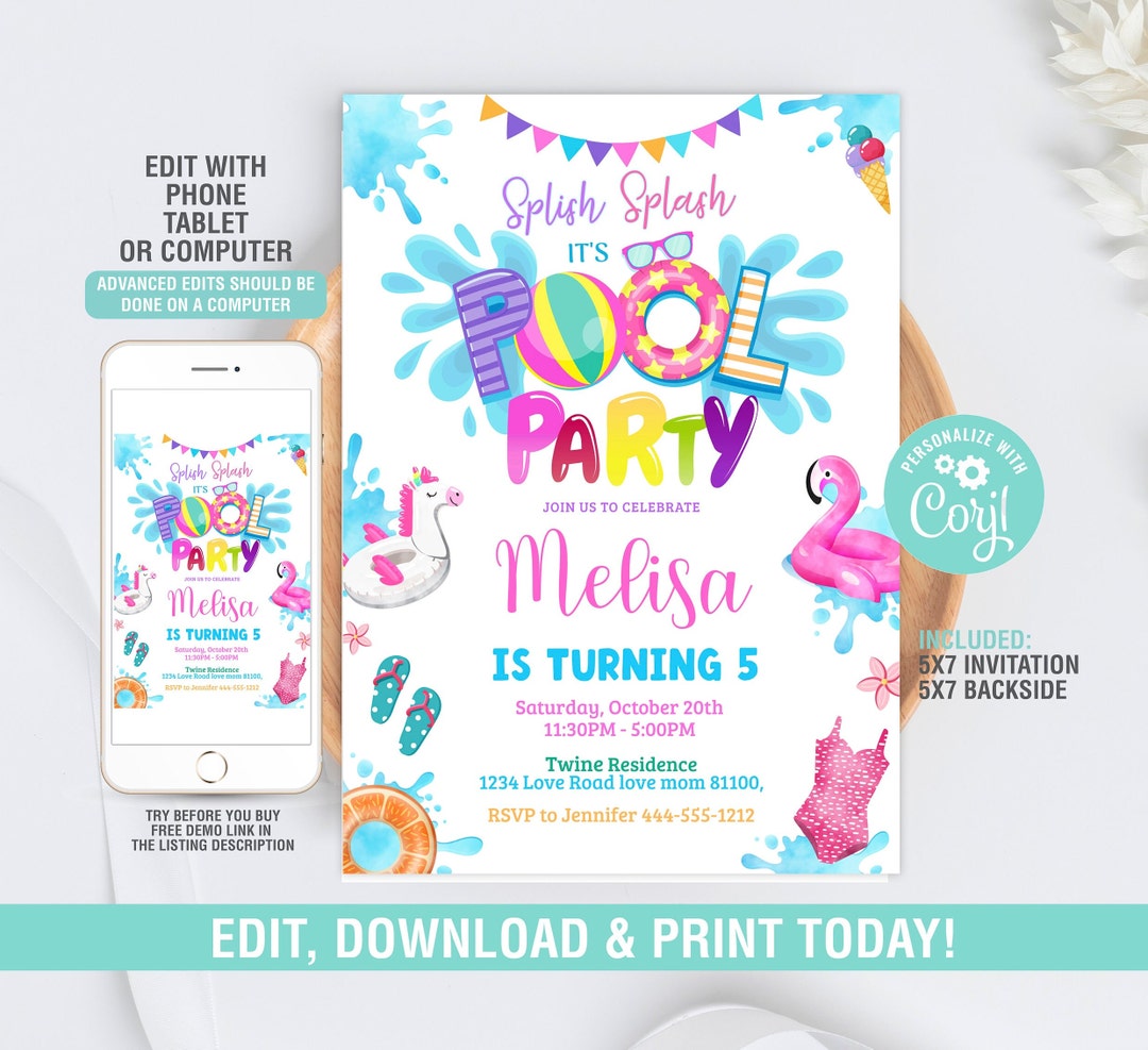 Pool Party Invitation, Pool Party Birthday Invitation, Summer Party ...