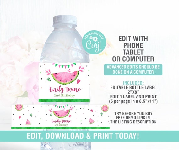 Watermelon Bottle Labels EDITABLE, One in a Melon Bottle Labels Party ...