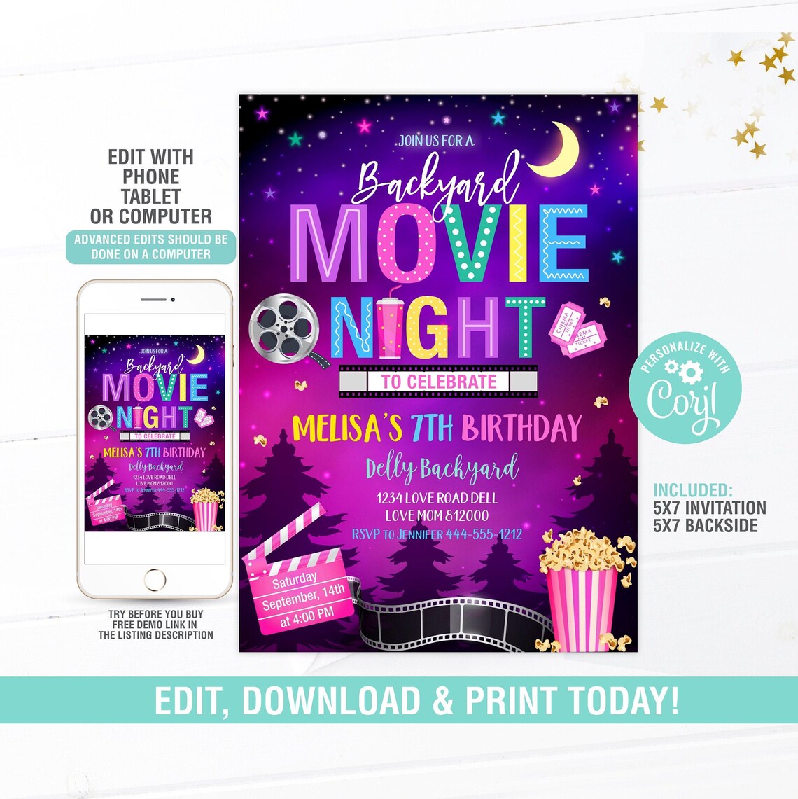 Movie Night Invitation EDITABLE Backyard Movie Night - Etsy