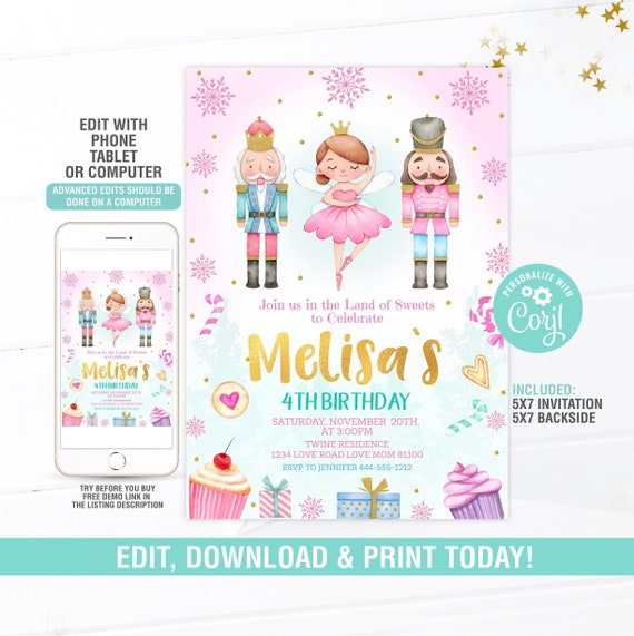 Nutcracker Birthday Invitation Pink Girl Editable Nutcracker Ballet