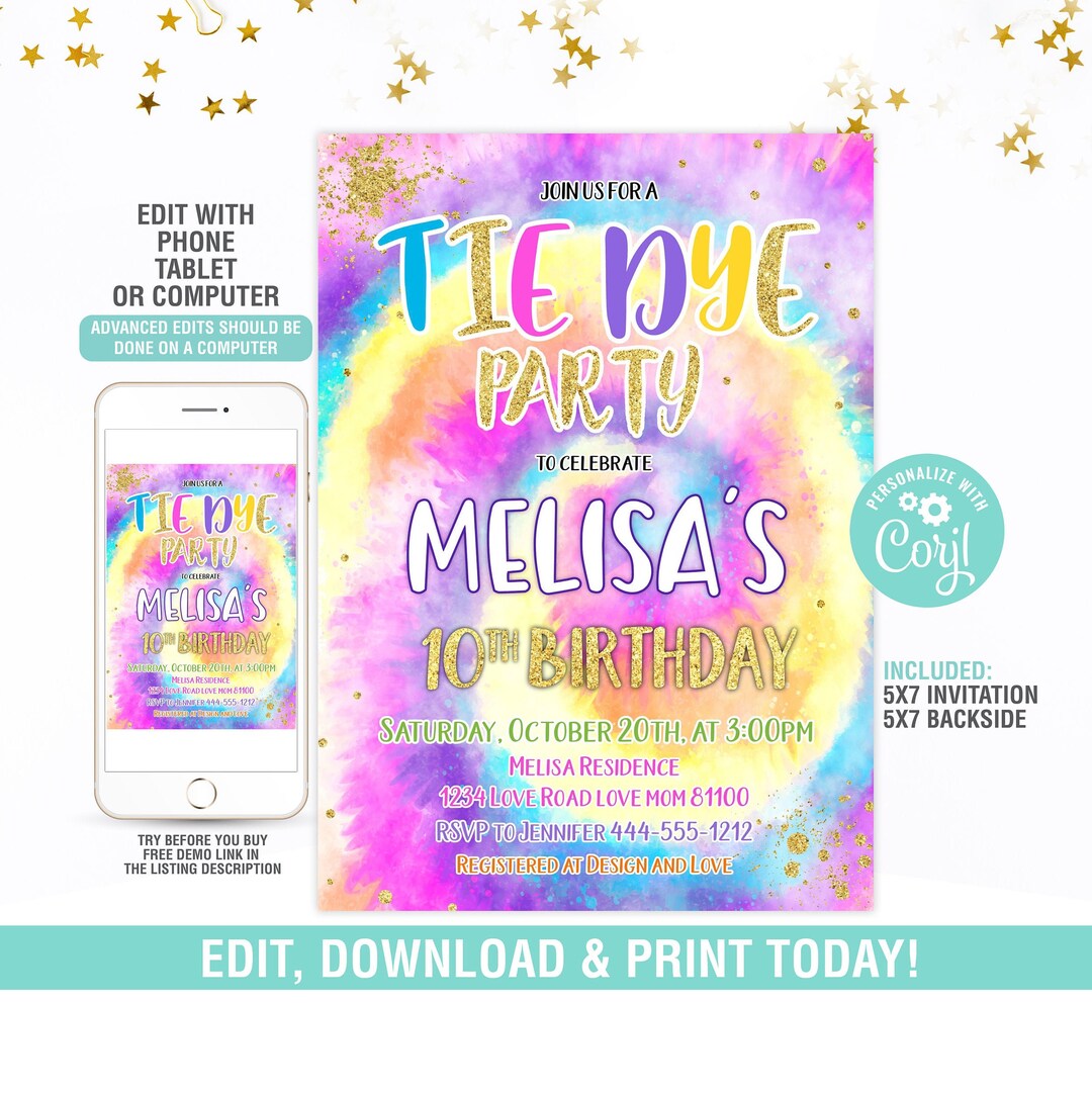 Tie Dye Birthday Invitation, Editable Tie Dye Birthday Invitation, Tie ...