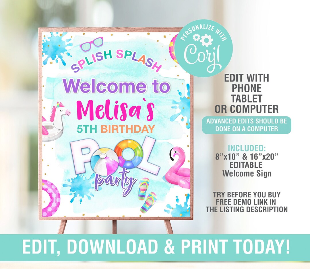 Pool Party Welcome Sign EDITABLE, Summer Party Sign, Swimming Party ...