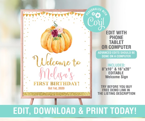 Pumpkin Welcome Sign Editable Our Little Pumpkin First | Etsy