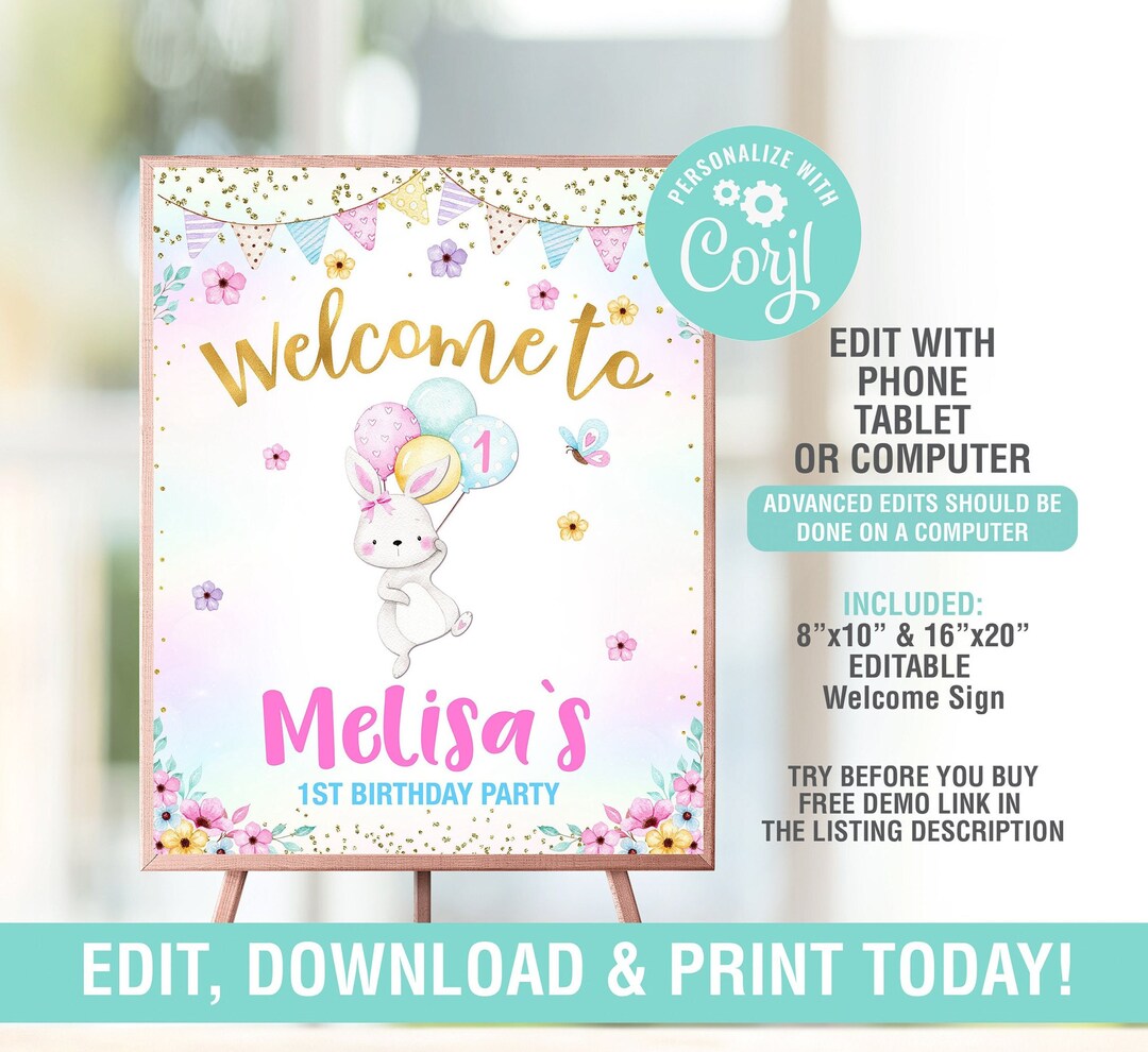 Bunny Birthday Welcome Sign EDITABLE Bunny Welcome Sign - Etsy