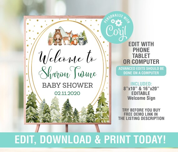 Woodland Welcome Sign Poster EDITABLE, Shower welcome sign, 16X20, 8X10 ...