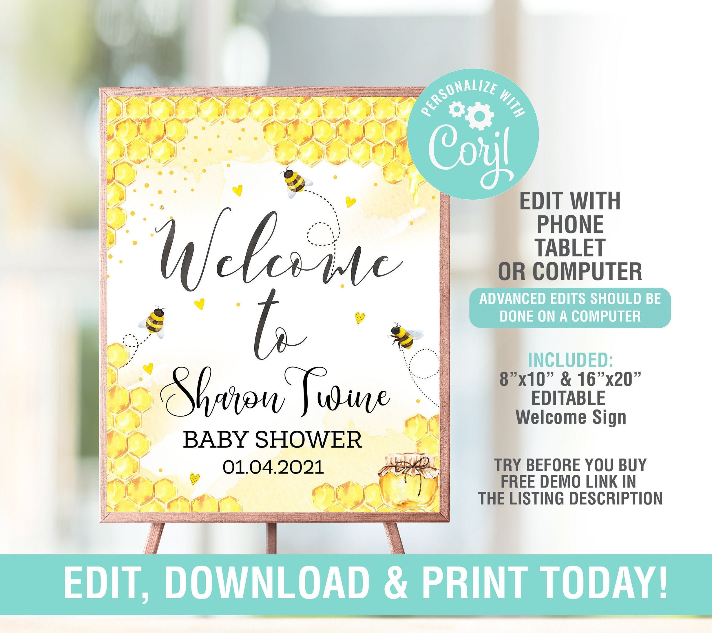 BEE Welcome Sign EDITABLE Bee Baby Shower Welcome Sign Honey | Etsy