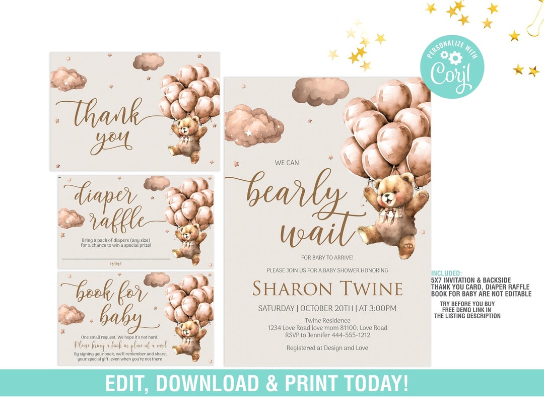 Teddy Bear Baby Shower Invitation Bundle Editable,we Can Nearly Wait ...