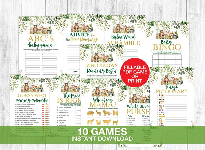 Woodland Baby Shower Game Bundle Virtual Baby Shower Game | Etsy
