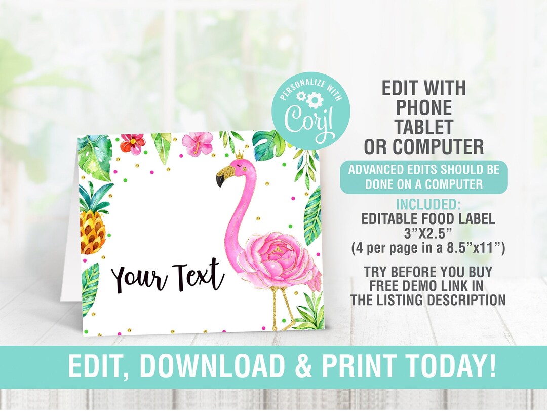 Flamingo Buffet Label EDITABLE, Flamingo Tropical Food Tent Cards, Food ...