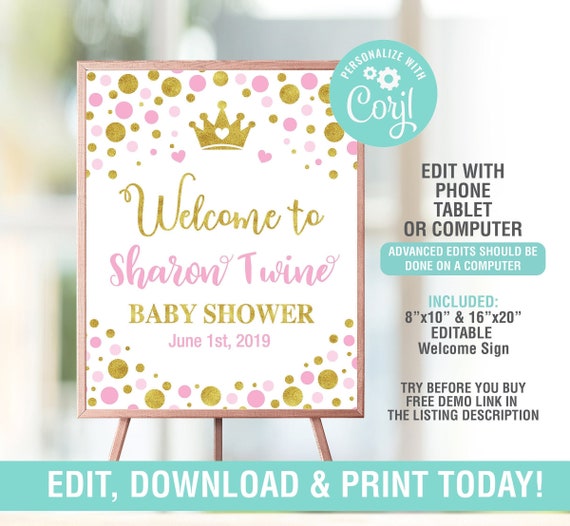 Princess Baby Shower Welcome Sign, Pink and Gold | Sign Printable,Pink ...