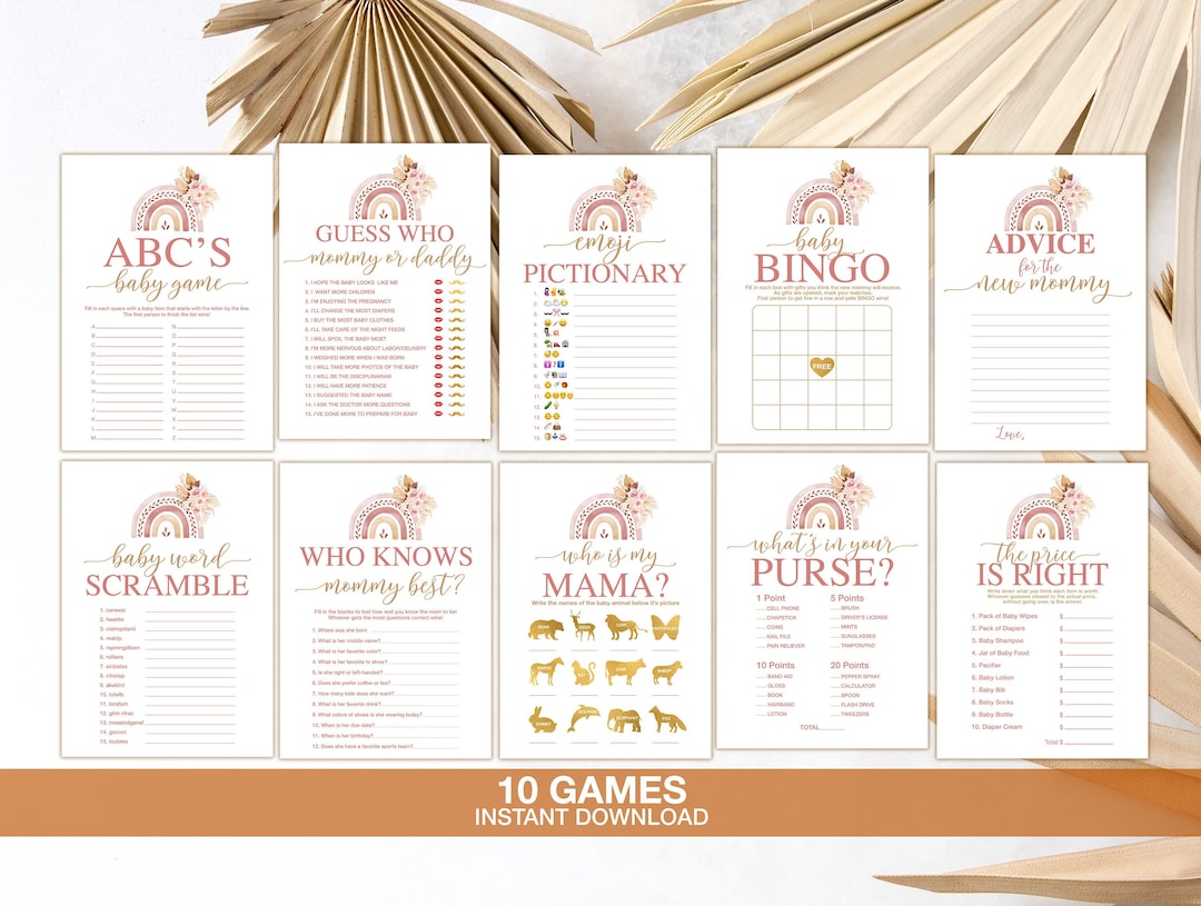Boho Rainbow Baby Shower Games Bundle, Boho Baby Shower Games,pink ...