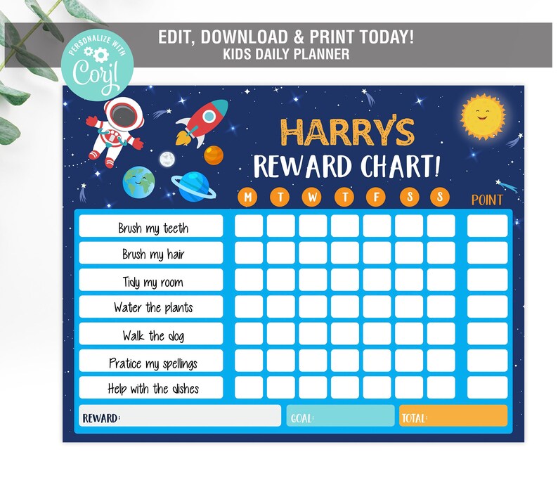 EDITABLE Space Reward Chart, Chore Chart, Outer Space Rocket Chip ...