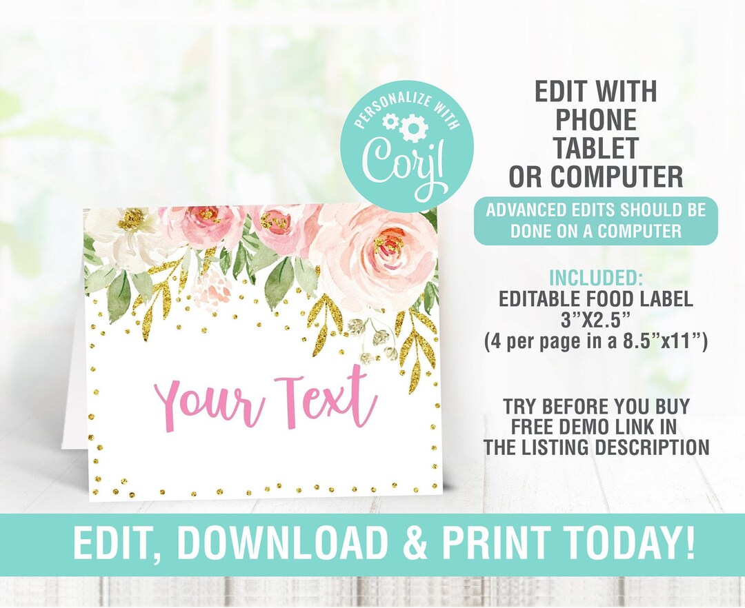 Blush Pink Floral Food Tag,editable Buffet Label, Tent Card Food Labels ...
