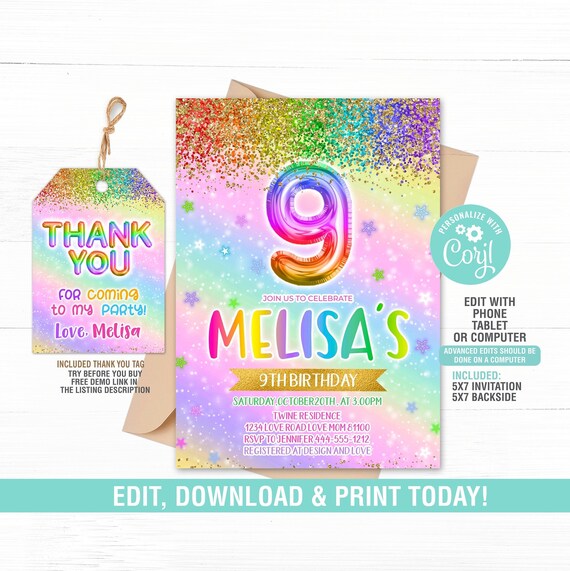9th Birthday Invitation EDITABLE, Rainbow Glitter Birthday Invite ...