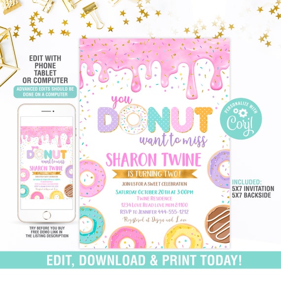 Donut Invitation EDITABLE, Donut Birthday Invite, Pink Donut Invite ...
