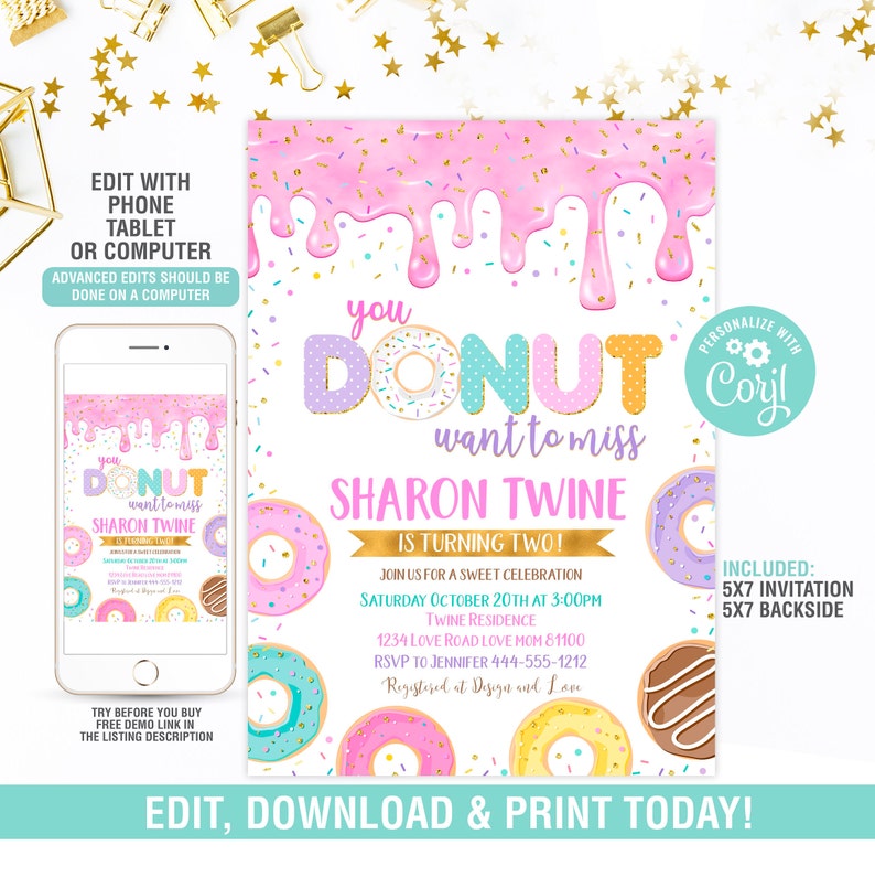 Donut Invitation EDITABLE Donut Birthday Invite Pink Donut - Etsy