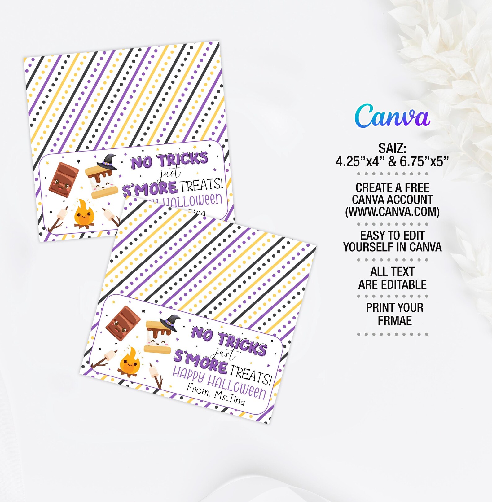 Halloween S’mores Treat Bagtopper Tag Template Editable, No Tricks Just ...