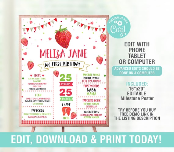 Strawberry Milestone Birthday Poster EDITABLE, Berry Sweet First ...