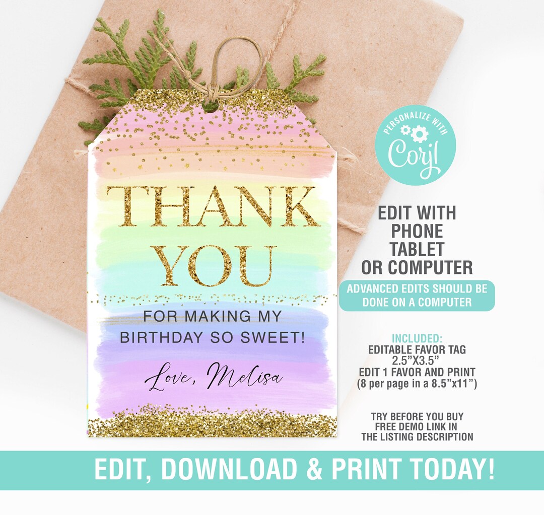 Editable Rainbow Birthday Thank You Tags Pastel Rainbow Favor Tag Girl ...