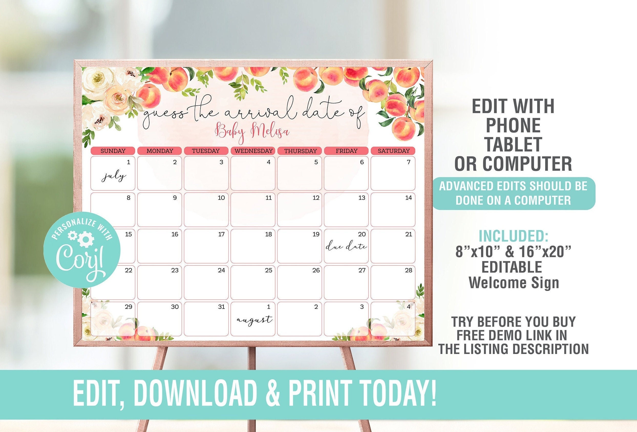 Baby Due Date Calendar Sign Peach EDITABLE Baby Prediction - Etsy