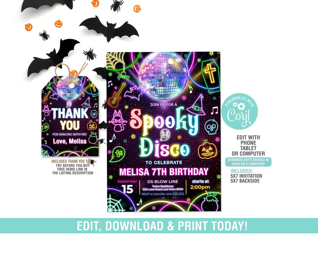 Disco Party Birthday Invitation Editable, Spooky Disco Dance Birthday ...