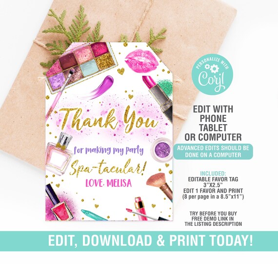 Spa Party Tags EDITABLE, Spa Favor Tag, Spa Birthday Tags, Instant ...