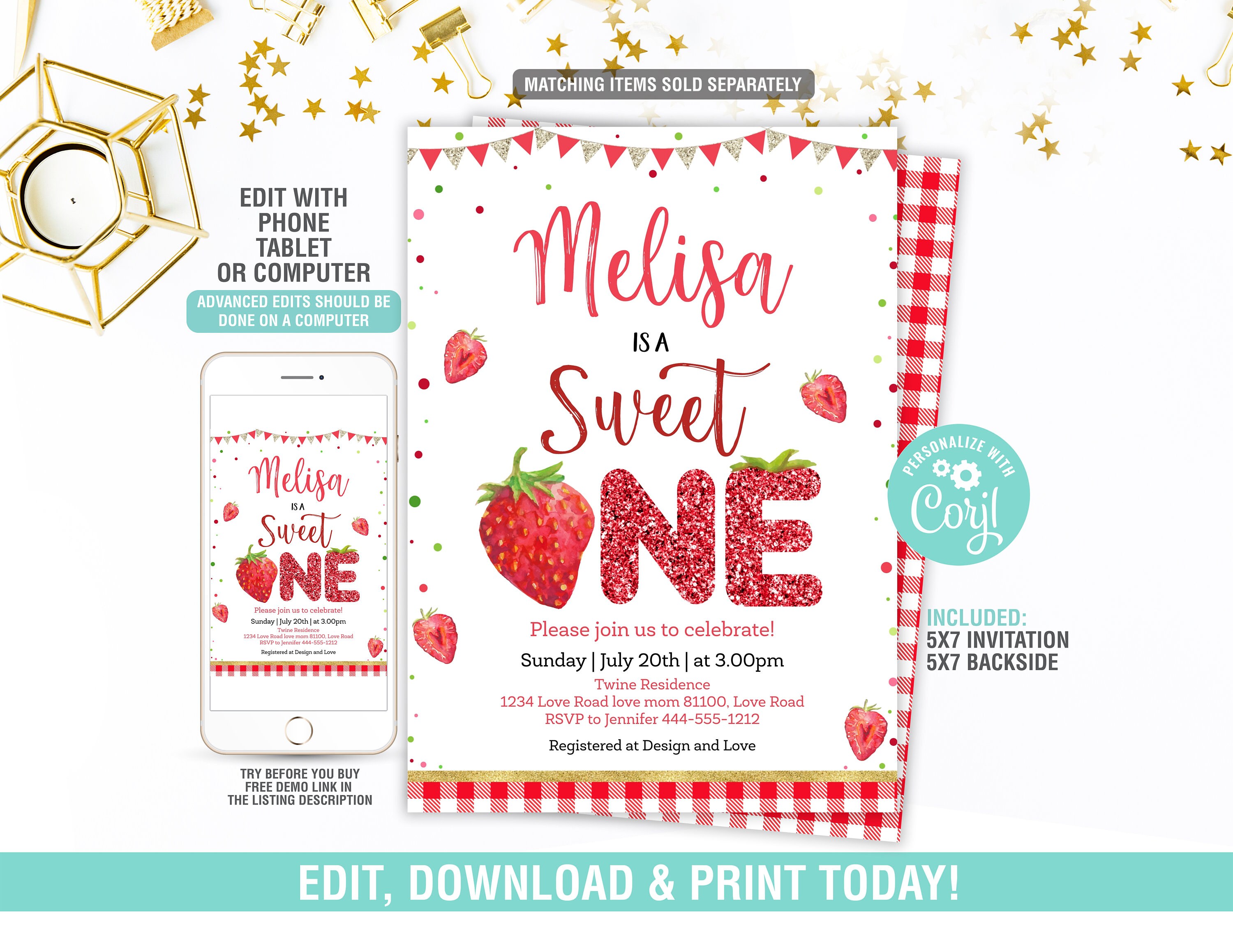 Strawberry Milestone Birthday Poster EDITABLE Berry Sweet - Etsy