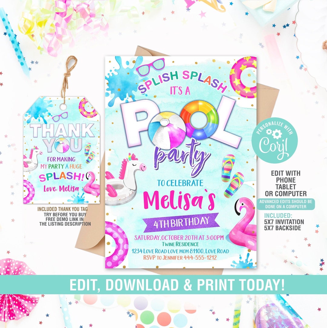 Pool Party Invitation EDITABLE, Pool Invitation Set, School Pool Party ...