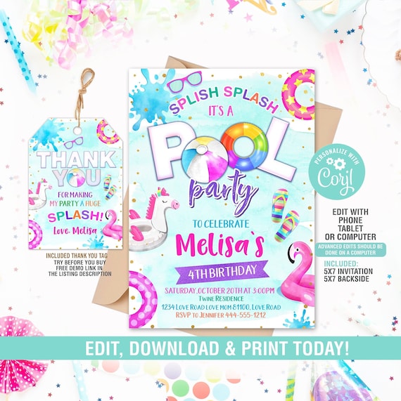 Pool Party Invitation EDITABLE, Pool Invitation, Pool Party Favor Tag ...