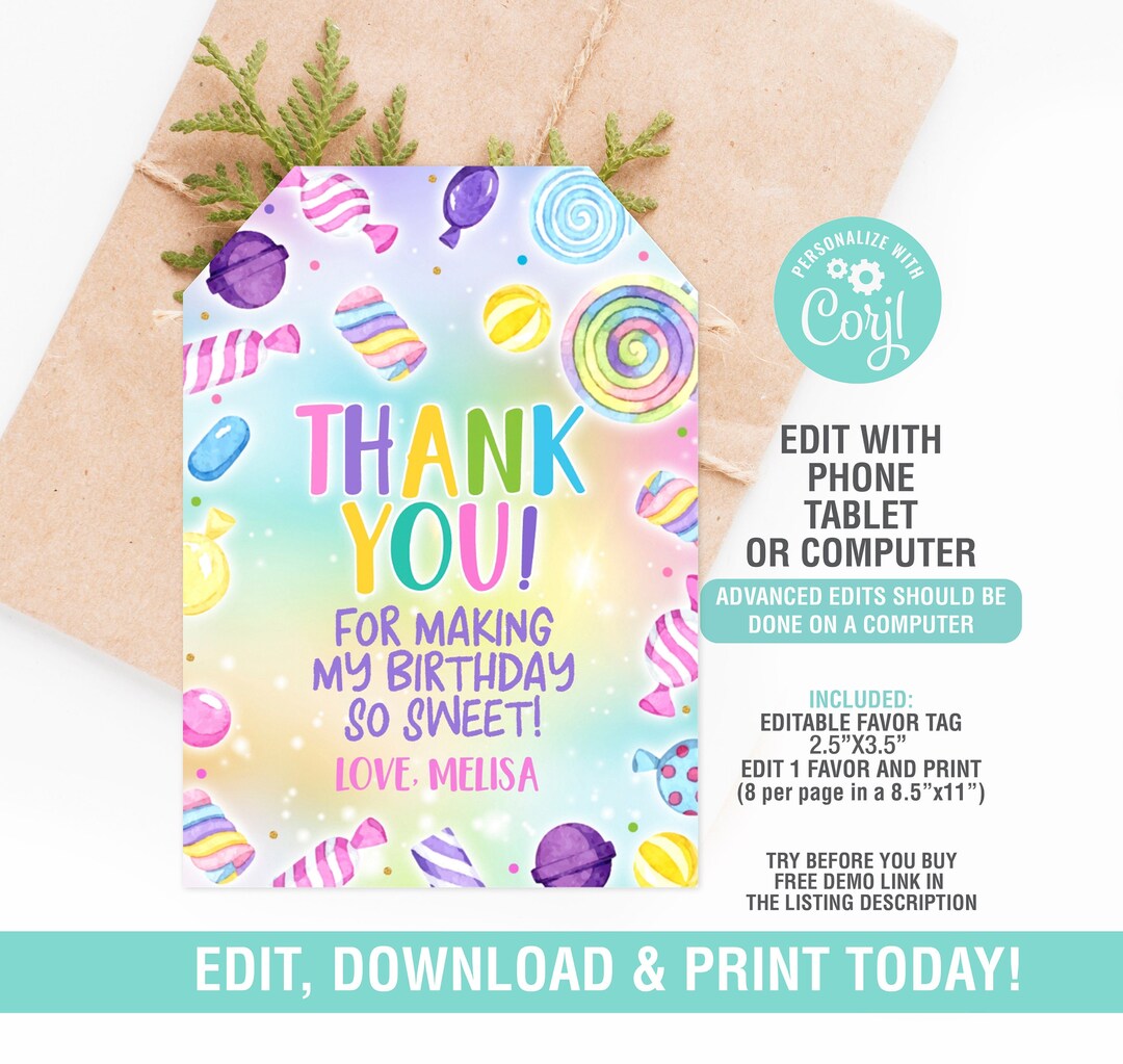 Candy Party Tags EDITABLE, Candy Land Party Favor Tags, Sweet ...