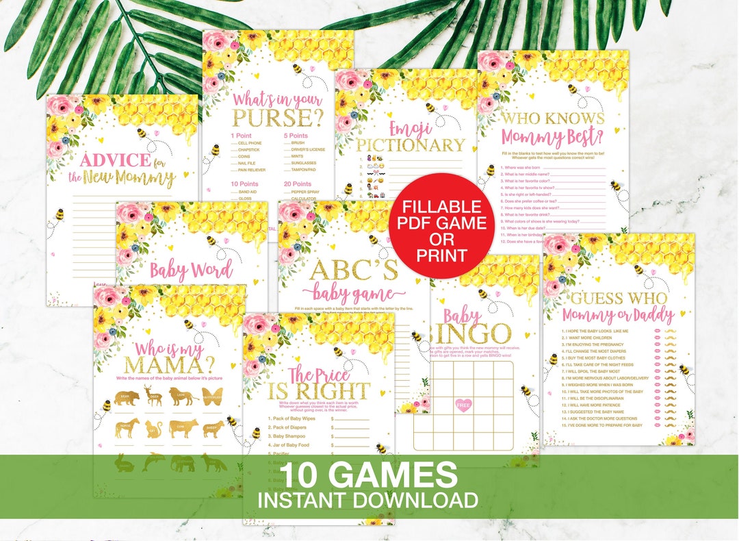 Bee Baby Shower Game Bundle Fillable, Honey Bee Baby Shower Game Pack ...