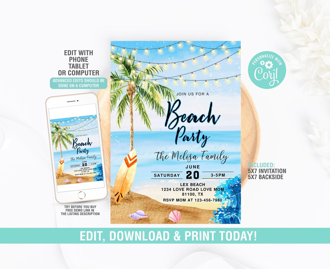 Beach Party Invitation, Summer Ocean Party Template Surf up Tropical ...