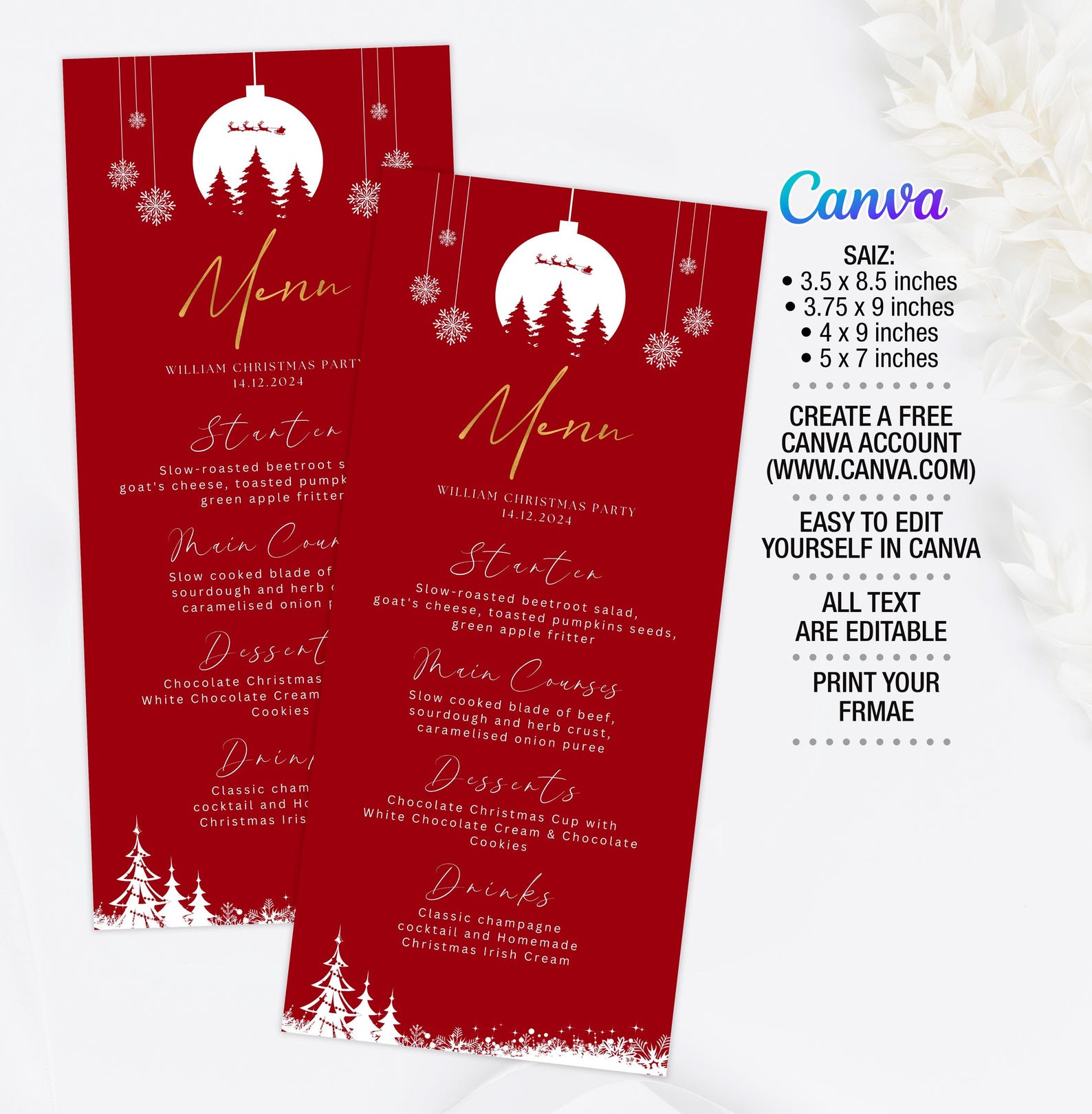 Christmas Menu Template, Editable Christmas Menu Card, Printable ...