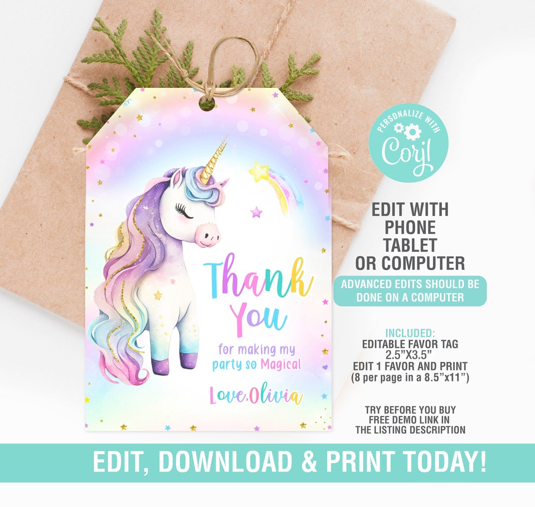 Unicorn Thank You Tag, Unicorn Birthday Tag, Magical Birthday Favor ...