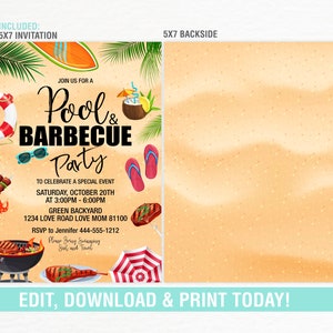 BBQ and Pool Party Invitations EDITABLE, Backyard BBQ and Pool Invite ...