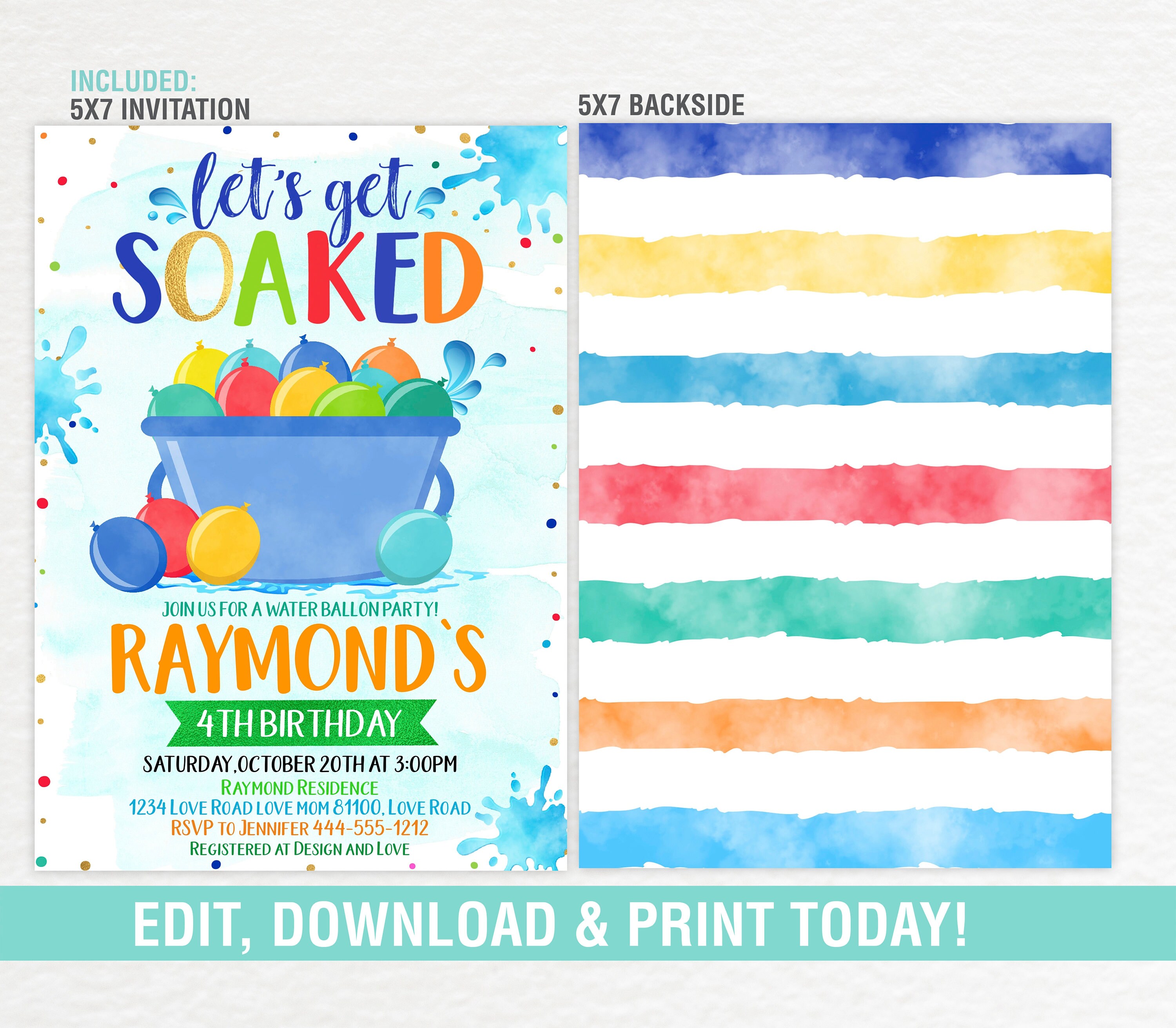 Water Balloon Birthday Invitation EDITABLE, Water Splash Party ...