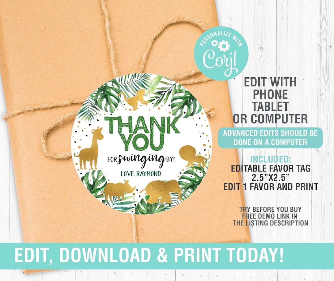 Safari Animals Thank You Tag EDITABLE, Favor Swinging, Safari Zoo ...