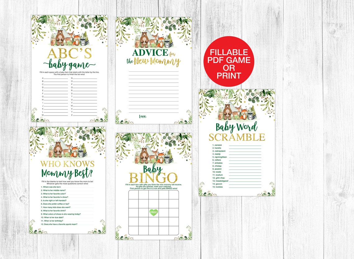 Woodland Baby Shower Game Bundle Virtual Baby Shower Game | Etsy