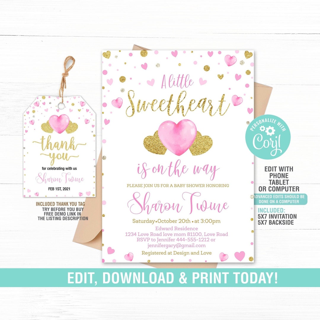 Valentine Baby Shower Pink Invitation EDITABLE, Valentine Favor Tag, A ...