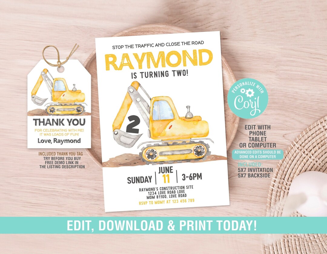 Editable Construction Birthday Invitation Party Invite Construction ...