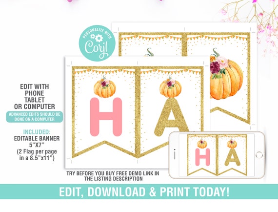 Pumpkin Birthday Banner Editable, Little Pumpkin First Birthday Banner ...