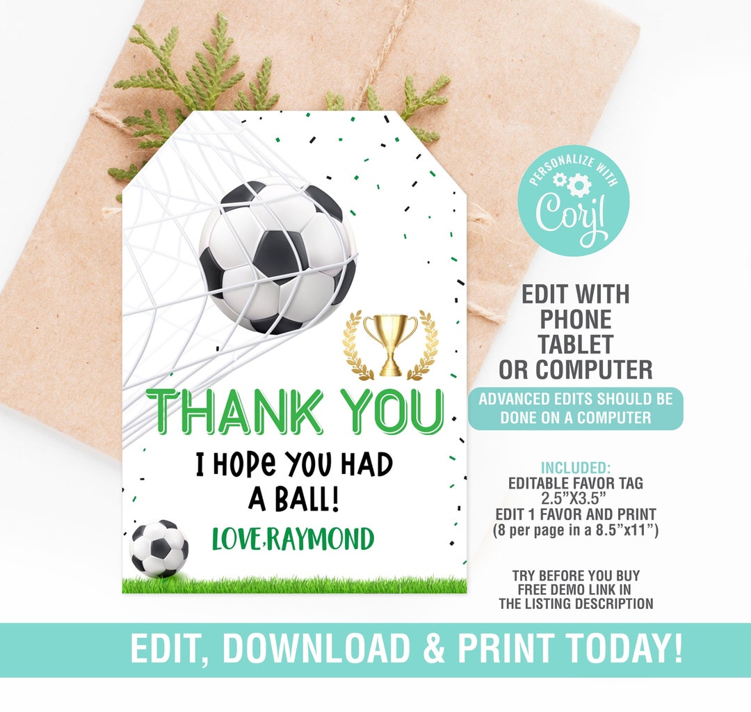 Soccer Thank You Tag EDITABLE, Soccer Favor Tag, Soccer Favor Tag ...