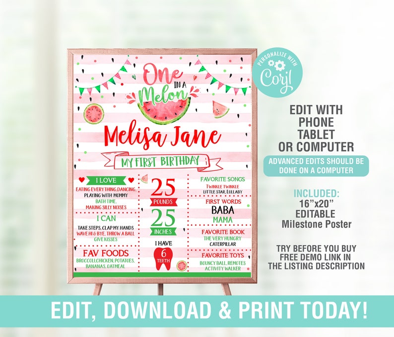 Editable Watermelon Milestone Birthday Poster Red Watermelon | Etsy