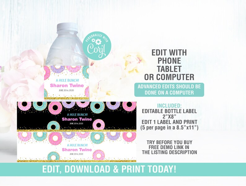 Donut Water Bottle Donut Bottle Labels Printable Donut - Etsy