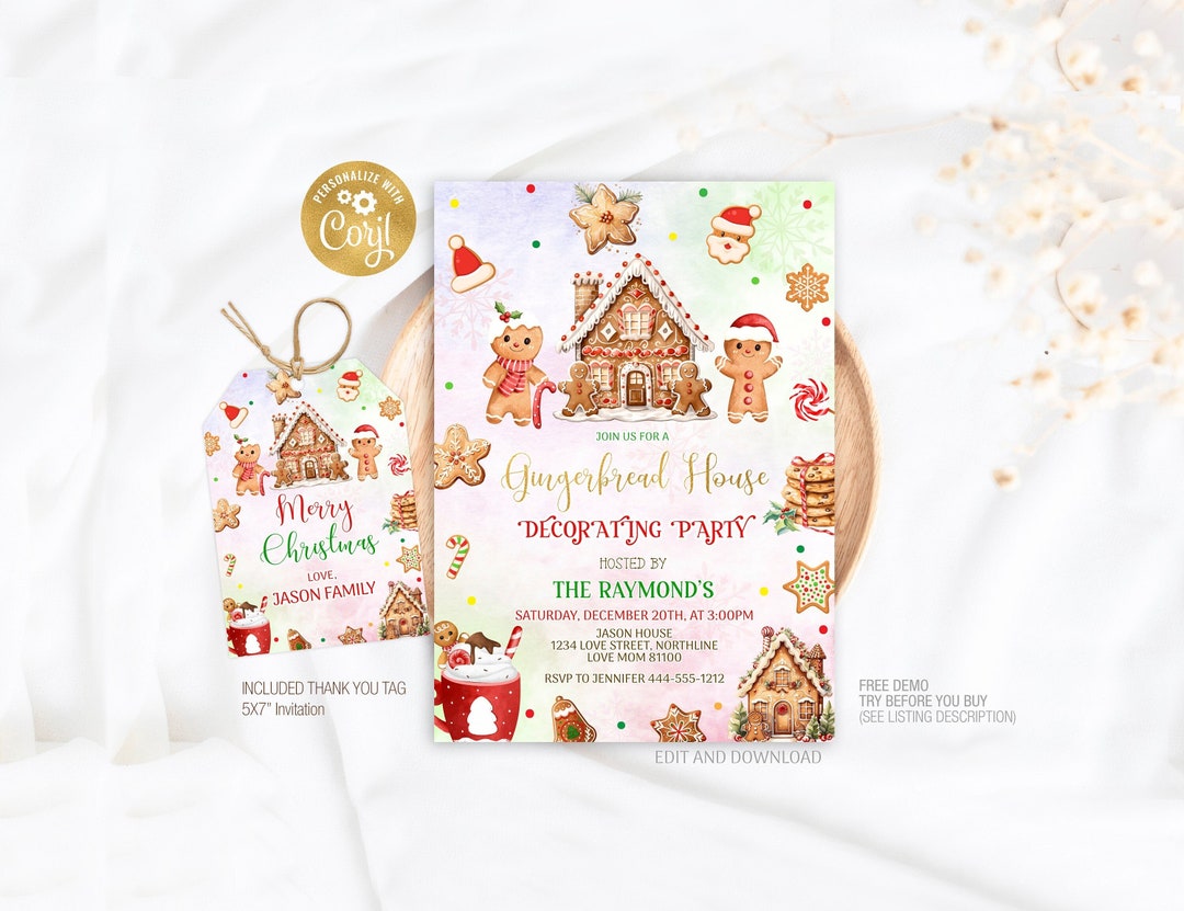 Editable Christmas Party Invitation, Gingerbread House Decorating Party ...