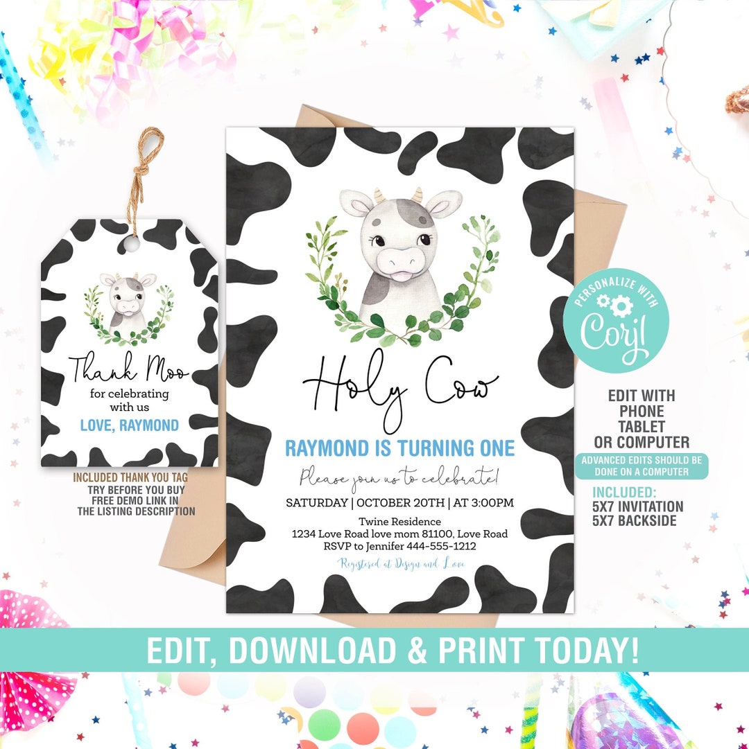 Cow Birthday Invitation, Holy Cow Party Invitation, Favor Tag, Editable ...