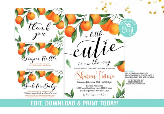 Orange Baby Shower Invitation Set EDITABLE A Little Cutie - Etsy