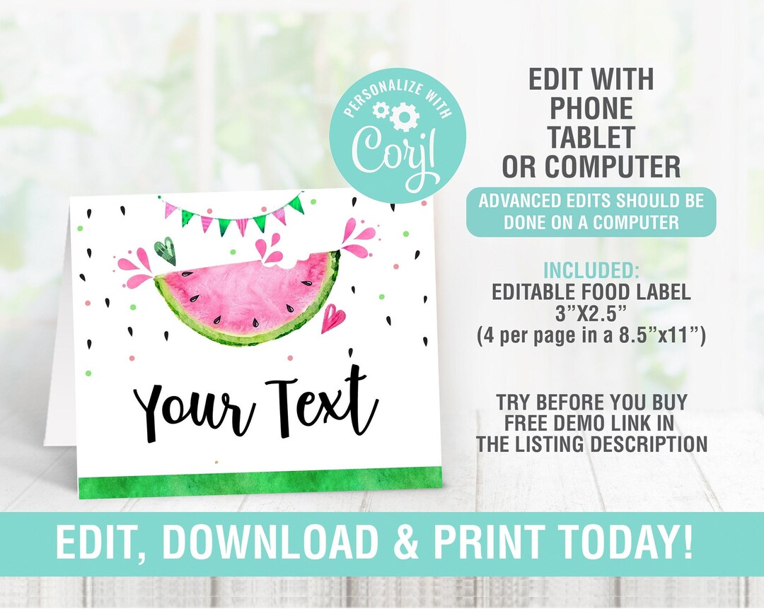 Watermelon Food Tags EDITABLE, Buffet Label Tent Card, Watermelon Place ...